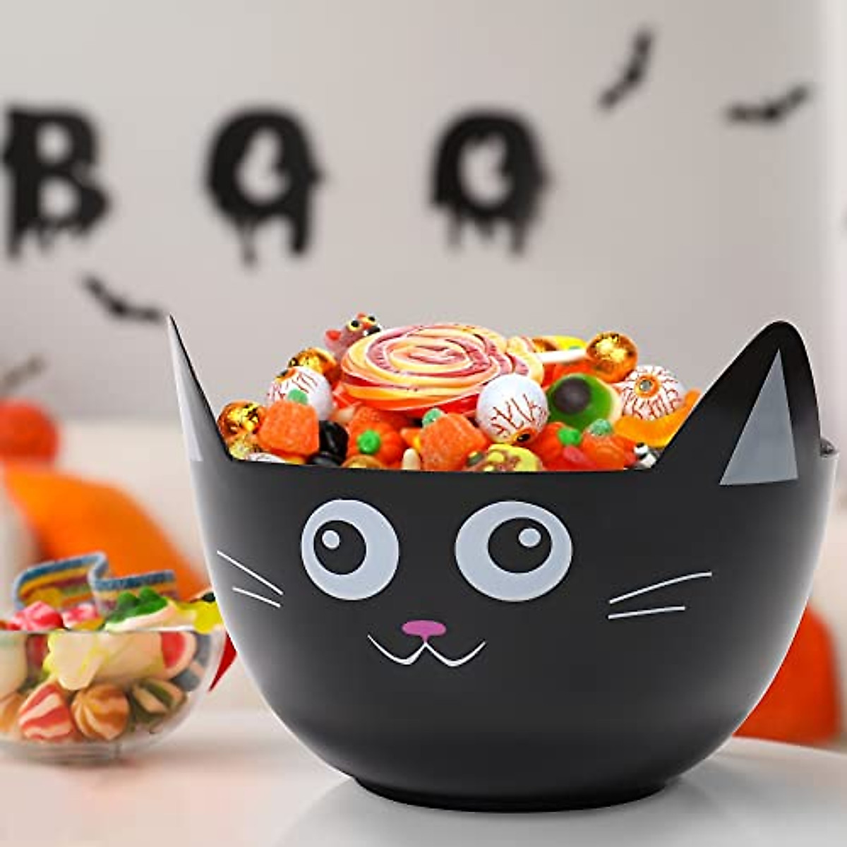 Zcaukya Halloween Party Supplies, Set of 3 Halloween Plastic Trick Treat Candy Bowls, Large Halloween Candy Holders, Cat Shaped Plastic Serving Bowl in Orange Purple Black for Halloween Parties