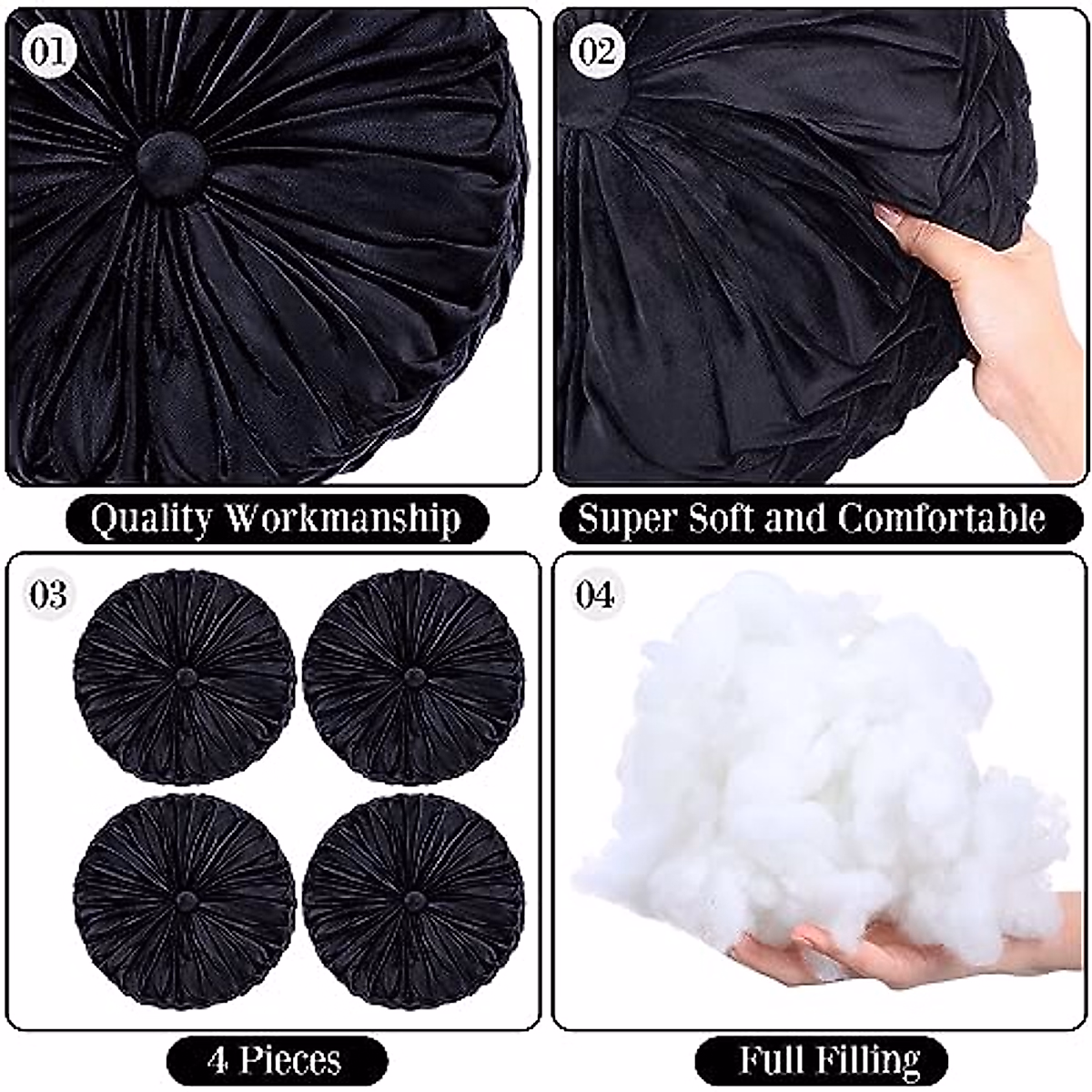 Kathfly 4 Count Round Throw Pillow Velvet Pleated 3D Pumpkin Round Pillow Boho Floor Cushion Couch for Bed Chair Home Car Sofa Decorations, 14.17 x 14.17 Inches (Black)