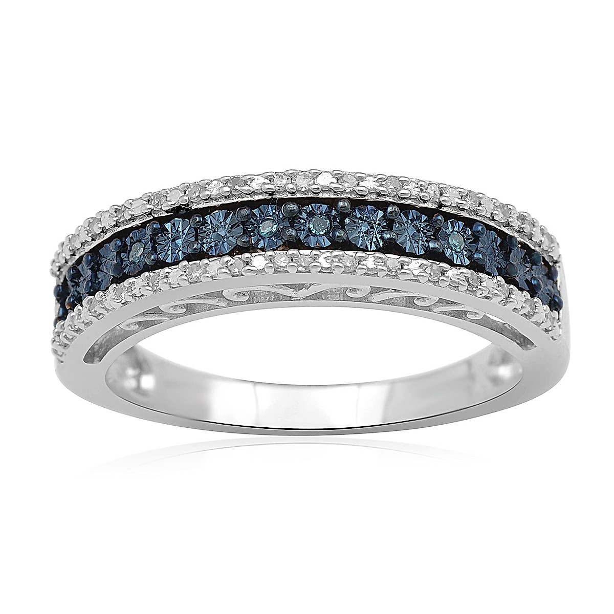 Jewelili Sterling Silver 1/10 Cttw Natural Miracle Plated Blue and White Round Diamond Anniversary Ring, Size 8