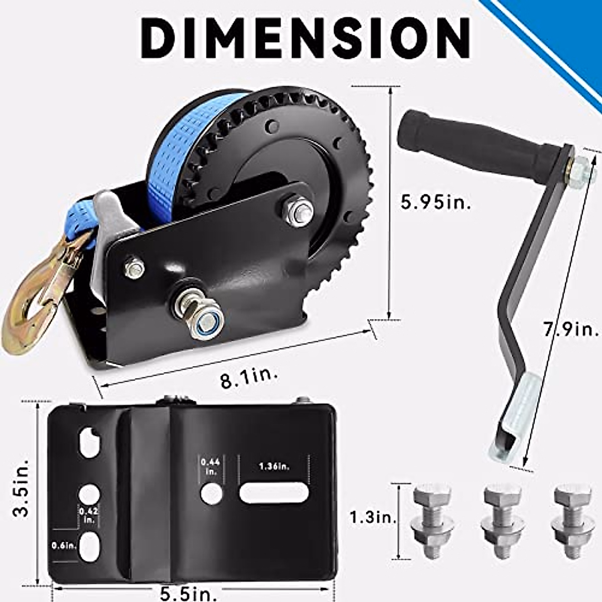 AKRIXKIP Boat Trailer Winch 1600LBS Hand Winch with 26ft Blue Winch Strap, 4:1 Gear Portable Winch with Hook, 2 Way Ratchet Manual Winch for Jet Ski Boat Towing Pulley Drag Winch