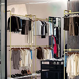 AIWFL Industrial Pipe Clothing Rack Wall Mounted,Modern Simple Metal Clothes Rack,Vintage Retail Display Garment Rack with White Shelves,Metal Gold Clothes Racks with 2 Tier Hanging Rods(47.2" L)