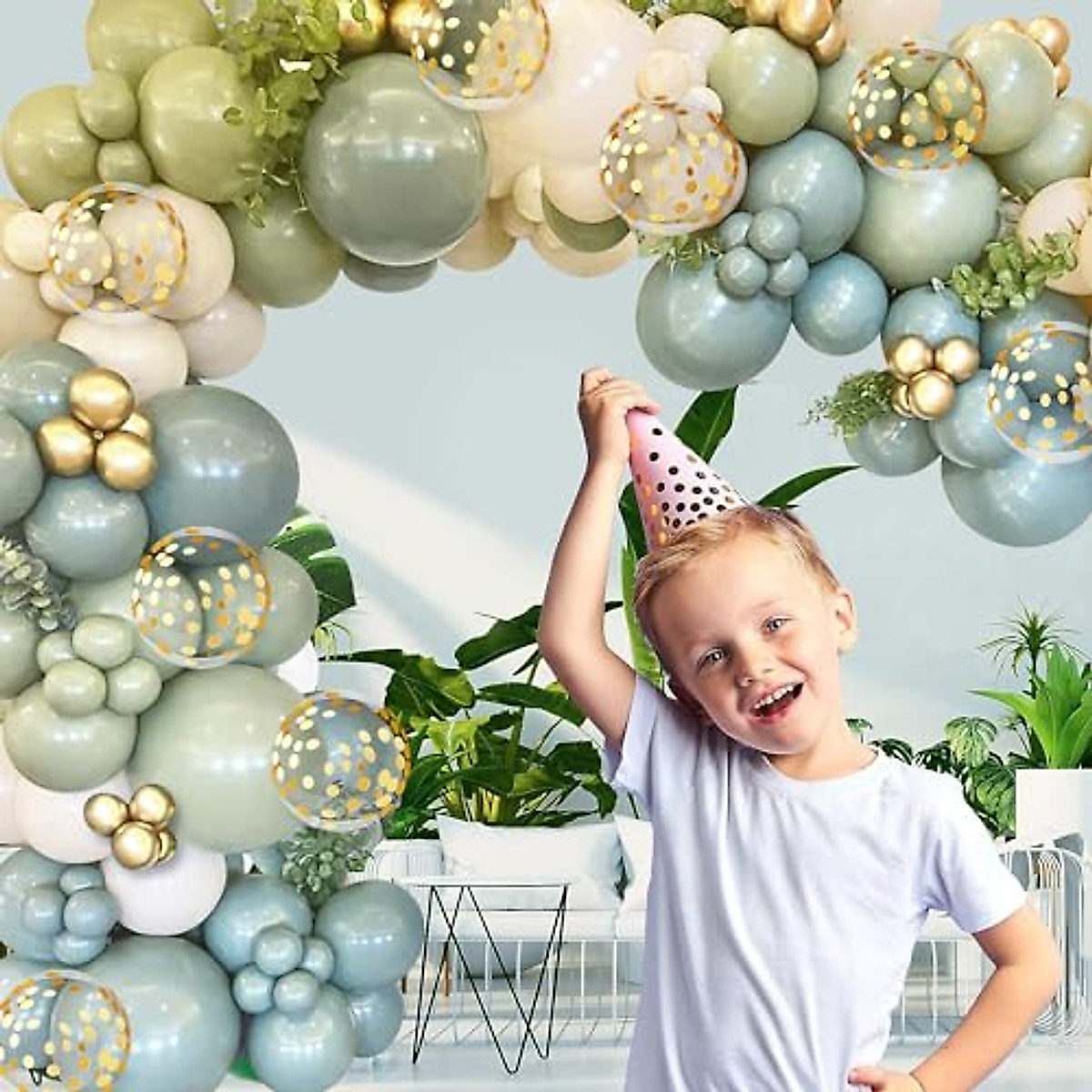 Dusty Green Blue Balloon Garland Arch Kit,Green Ash Mist Green Blue Haze Fog Blue Sand White Gold Balloons for Jungle Safari Neutral Birthday Baby Shower Wedding Birthday Party Decorations