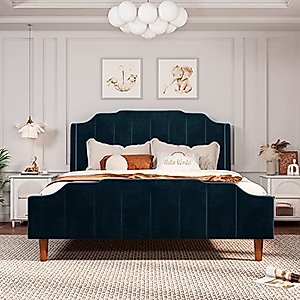 Allewie Queen Size Velvet Bed Frame Upholstered Platform Bed with Vertical Headboard and Footboard, Solid Wood Leg and Strong Slats Support, No Box Spring Needed, Easy Assembly, Blue