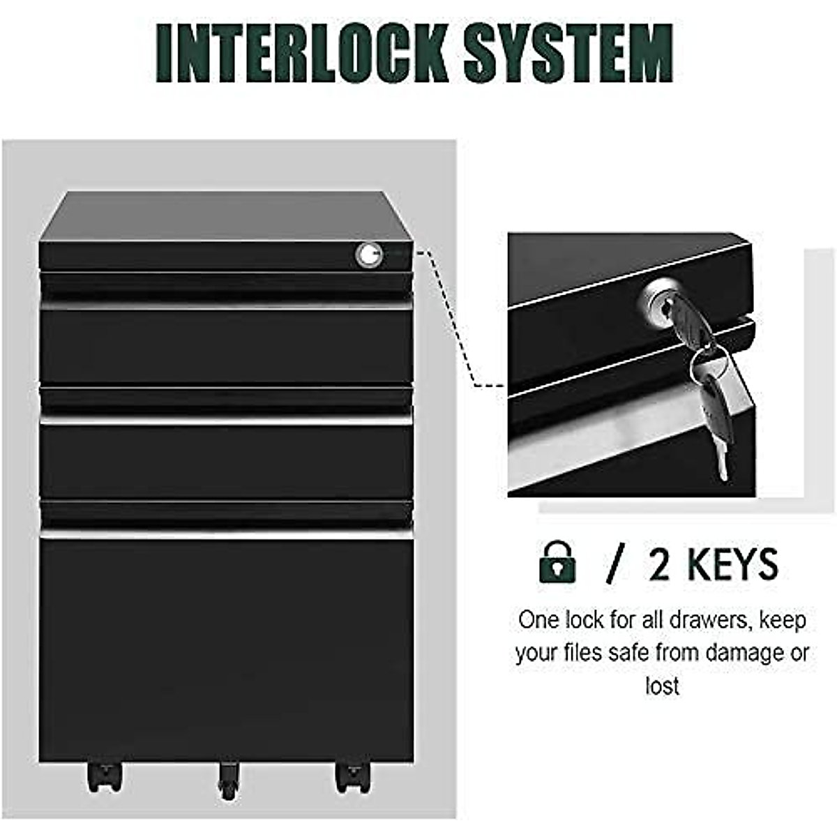 Black File Cabinet, 3 Drawer Mobile File Cabinet with Lock and Wheels, Under Desk Metal Filing Cabinet for Office，Lockable Rolling Cabinet with 2 Keys for Legal/Letter/A4 Size, Fully Assembled （A）