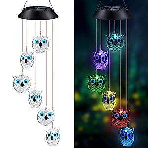 Wjiang Solar Wind Chimes, Owl LED Solar Powered Wind Chimes Lamp Color Changing Waterproof Garden Chimes with Hook for Outdoor Indoor Patio Yard Deck Grandma Mom