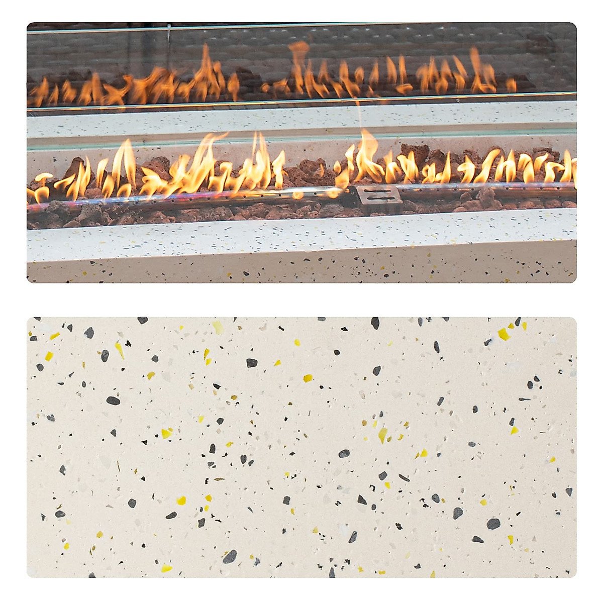 COSIEST Outdoor Propane Fire Pit Coffee Table, 42-inch x 13-inch Terrazzo Rectangle Base Patio Heater w 50,000 BTU Stainless Steel Burner, Wind Guard, Free Lava Rocks and Rain Cover