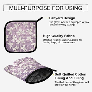 480F Heat Resistant Oven Mitts and Pot Holders Lilac Abstract Flower Soft Cotton Lining Gloves for Cooking, Baking, Microwave, BBQ, Kitchen