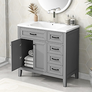 Tomkate 36" Bathroom Vanity with Sink Combo, Modern Freestanding Bathroom Vanities with 2 Doors and 3 Drawers, Bathroom Vanity Cabinet with Ceramic Sink for Bathroom, Grey