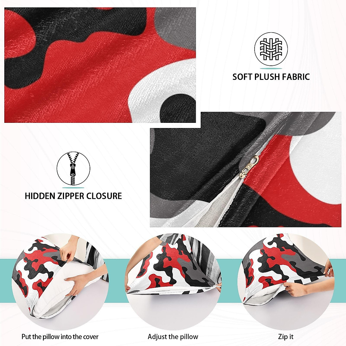 Red Grey Camouflage Pillowcase for Hair and Skin Body Pillow Cover Bed Pillow Cases Standard Size 20"X 26" Flannel Pillow Cases with Zipper for Sleeping