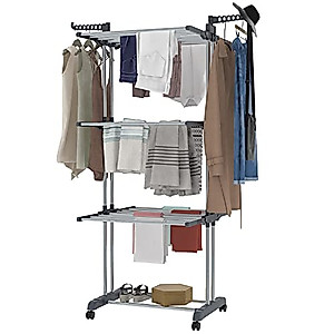 LEOSINYIN Clothes Drying Rack Folding Indoor, Drying Rack Clothing Foldable 4 Tier Laundry Racks for Drying Clothes, Stainless Steel Laundry Drying Rack with 4 Wheels (Gray)