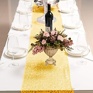 FECEDY 2packs 12 x 108inch Glitter Gold Sequin Table Runner for Birthday Wedding Engagement Bridal Shower Baby Shower Bachelorette Holiday Celebration Party Decorations