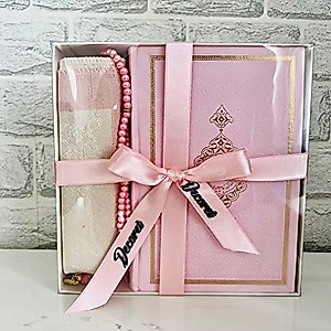 Muslim Prayer Rug,Full Arabic Thermo Leather Covered Quran (8.0 * 5.5 inc / 14 * 20 cm) and Beads I Perfect Islamic Gift I Muslim for Men&Women | Luxury Gifts (Pink)