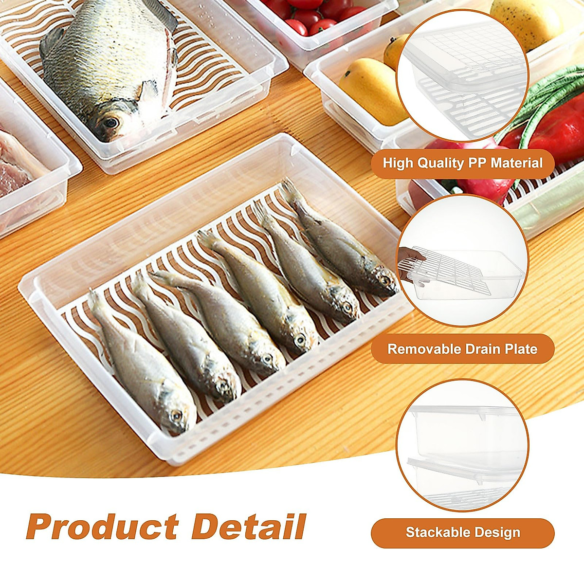 MUXHEL 6 Pcs Food Storage Container for Fridge, X-Large Fruit Storage Containers for Fridge with Lid and Removable Drain Plate, Plastic Freezer Storage Containers for Storing Fruits, Vegetables, Meat
