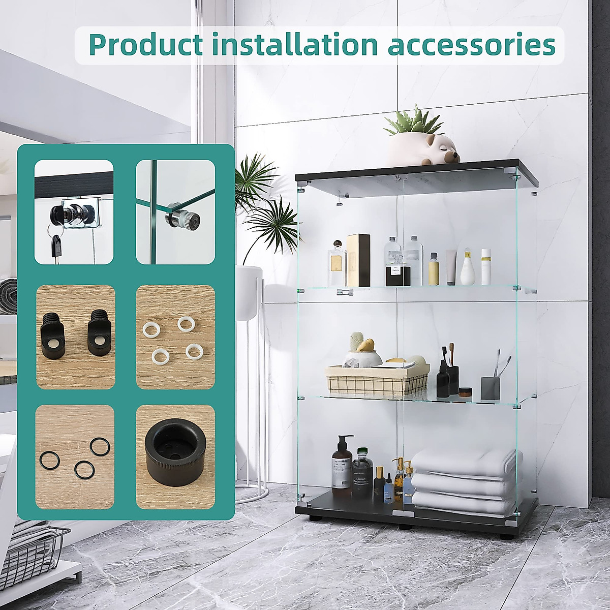 LFT HUIMEI2Y Glass Display Cabinet 3-Shelf with Double Door, Curio Cabinets Fast Installation in 30 Mins, 5mm Tempered Glass Floor Standing Bookshelf for Bedroom, Living Room 49.1”x 31.7”x 14.4” Black