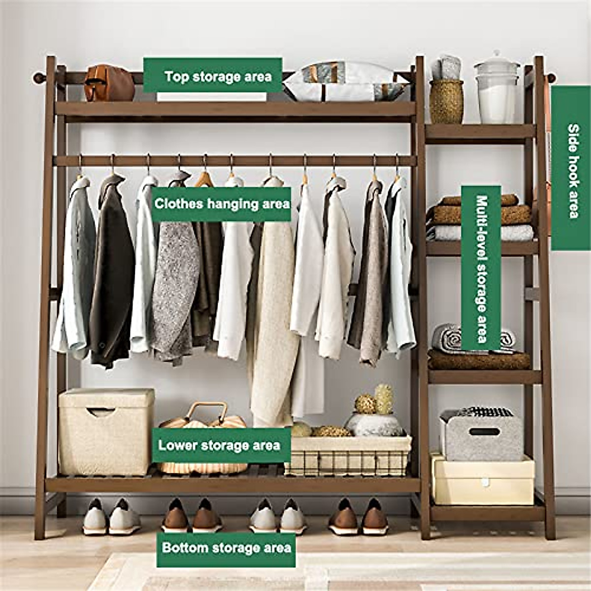 ZJDU Free Standing Closet Organizer, Portable Extra Large Garment Rack, Heavy Duty Clothe Closet Storage with Shelves,Storage Box Shelves,Bamboo Clothes Rack,130×42×140cm