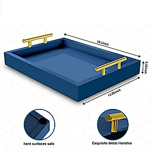 JollyCaper - Coffee Table Tray - with Metal Handles for Serving, Home Decor, Bathroom, Ottoman Design, Wooden Tray 16x12in (Navy Blue)