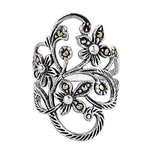 AeraVida Beautiful Marcasite Style Detailed Pyrite Flower Vine .925 Sterling Silver Ring for Women - Size 9