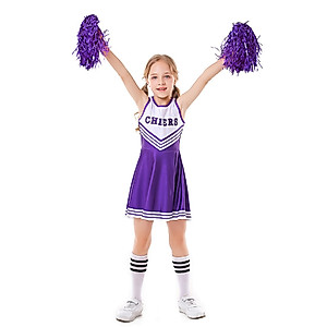LOLANTA Girls Cheerleader Costumes Dresses Cheerleading Outfit Cheer Uniform with Pom Poms(10-12, purple)