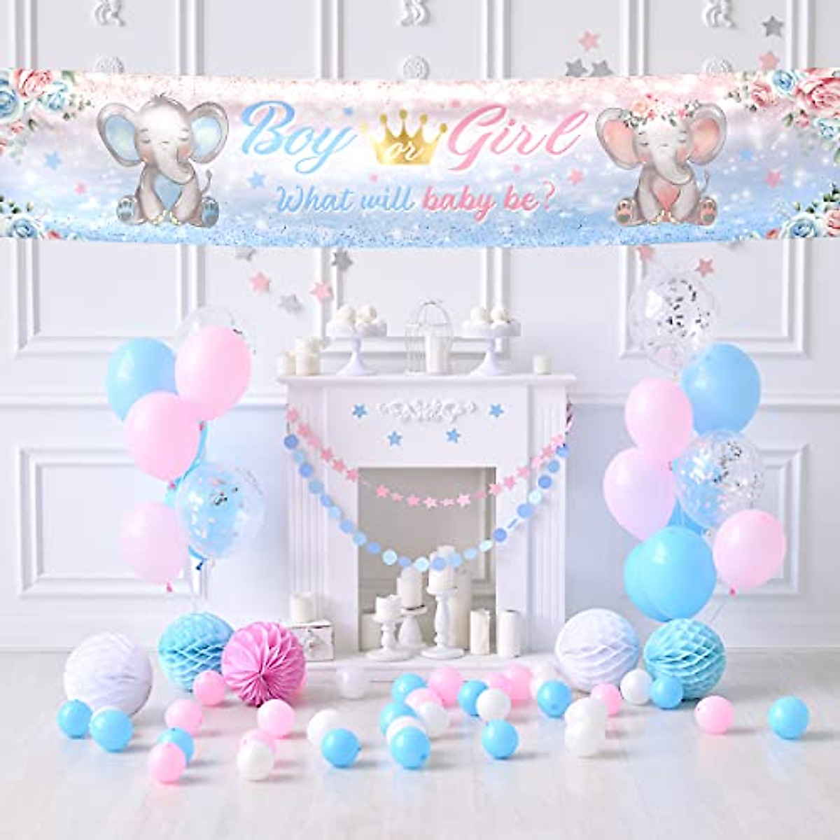Boy or Girl Gender Reveal Banner-Floral Elephant Baby Shower Decor Pink and Blue Yard Sign Gender Reveal Party Supplies