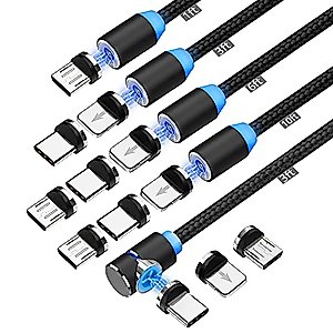 Magnetic Charging Cable (5 Pack 1/3/3/6/10ft),360° Rotating Magnetic Phone Charger Cable with LED Light, 90° Angle Connector, Nylon-Braided Cords (Black)