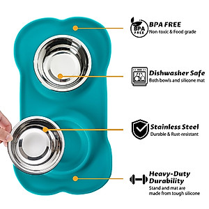 Hubulk Pet Dog Bowls 2 Stainless Steel Dog Bowl with No Spill Non-Skid Silicone Mat + Pet Food Scoop Water and Food Feeder Bowls for Feeding Small Medium Large Dogs Cats Puppies (Small, Green)