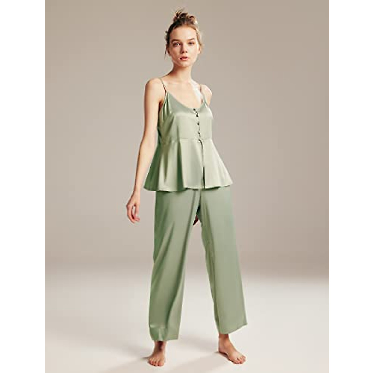 AW BRIDAL Satin Bride Bridesmaid Pajamas Set Silk Pjs Sleeveless Camisole with Pants 2 Pieces Sexy Sleepwear for Women Brides, Sage Green S