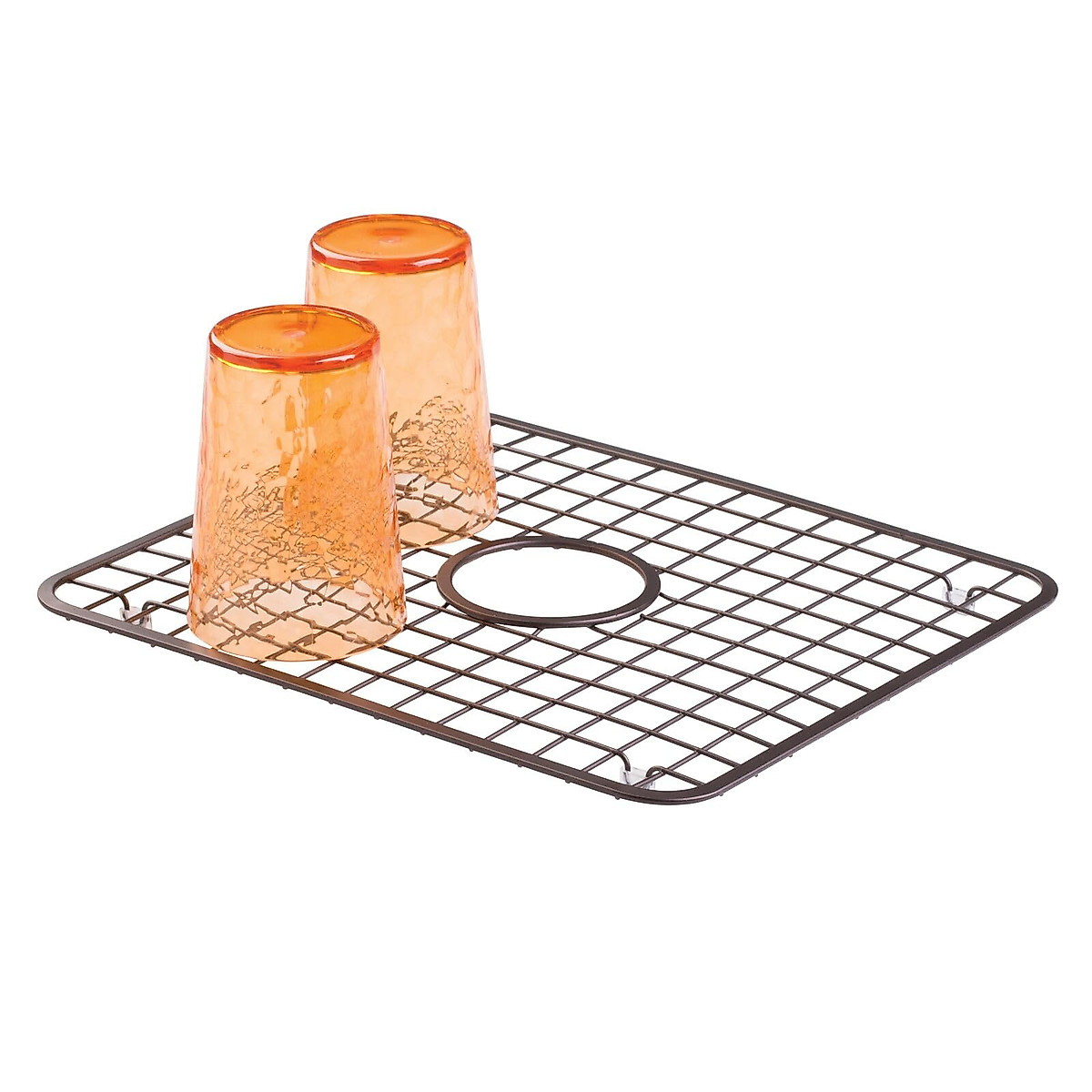 mDesign Modern Kitchen Sink Metal Dish Drying Rack/Mat with Center Drain Hole - Steel Wire Grid Design - Allows Wine Glasses, Mugs, Bowls and Dishes to Drain in Sink - 2 Pack - Bronze