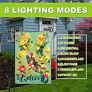 Spring Garden Flag 12×18 Double Sided, 8 Modes Lighted Dragonfly Flag, Welcome Spring Garden Flag for Outside, LED Small Flag for Yard and Garden Decor in Spring
