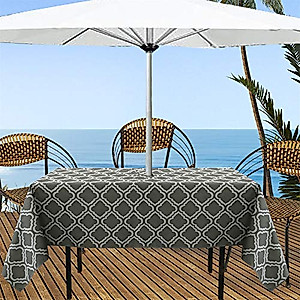 JLDTOP Outdoor Tablecloth with Umbrella Hole Waterproof, Spillproof Polyester Fabric Durable Patio Umbrella Tablecloth with Zipper for Patio Garden Tabletop Decor (60" x 84" Rectangle, Grey Pattern)