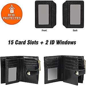 FOXLOVER Small Leather Wallets for Women Ladies RFID Blocking Bifold Zipper Pocket Wallets with ID Window (Black)