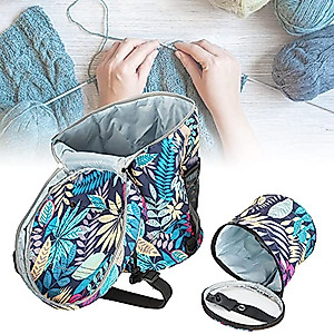 Pssopp 2Pcs Portable Woolen Yarn Storage Bag Knitting Bag, Yarn Storage Round Tote Bag, 600D Oxford Cloth Printing Multi-Pocket Hand Strap(Blue Leave)