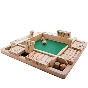 GrowUpSmart 4-Way Shut The Box Dice Game (2-4 Players) for Kids + Adults [4 Sided Large Wooden Board Game, 8 Dice + Shut-The-Box Rules] Smart Game for Learning Numbers, Strategy + Risk Management