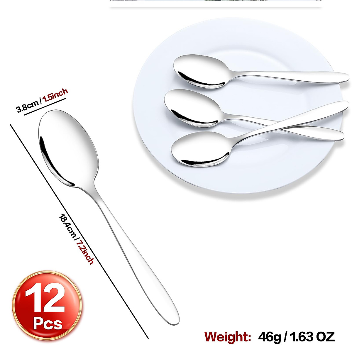 Ramddy Stainless Steel Dessert Spoon, 7.25 Inch, 12 Pieces Small Spoons Set