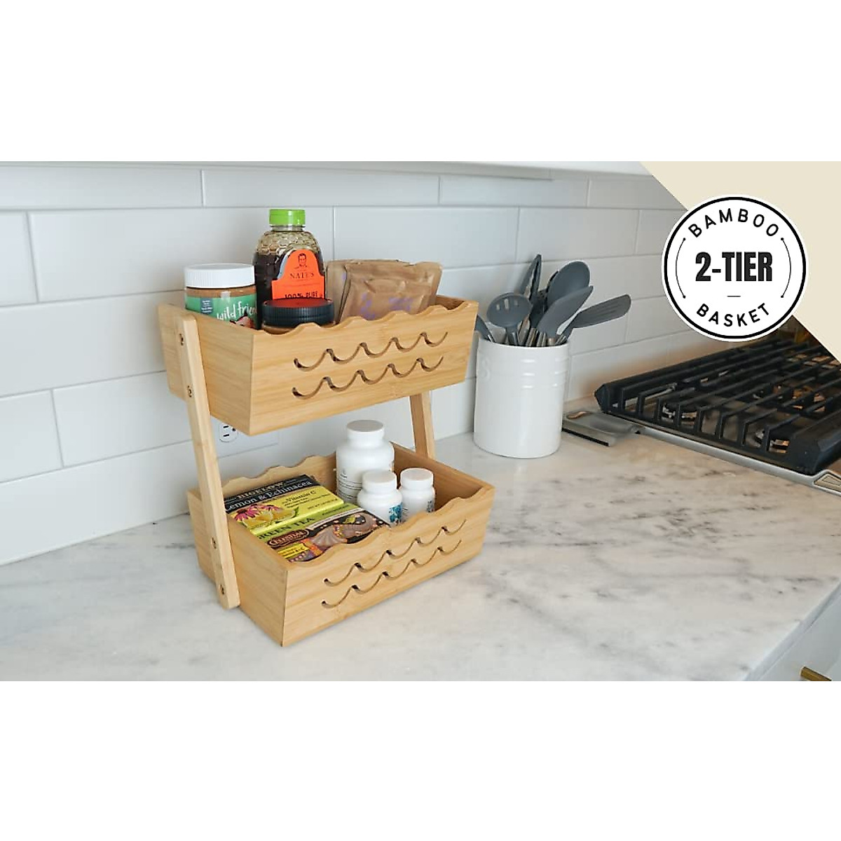 Happy Panda Bamboo 2 Tier Bamboo Fruit Basket Bowl Kitchen Countertop Display Wooden Shelf Organizer Bread Box Stand Holder Multi Purpose Large Storage Capacity for Vegetables & Houshold Accessories