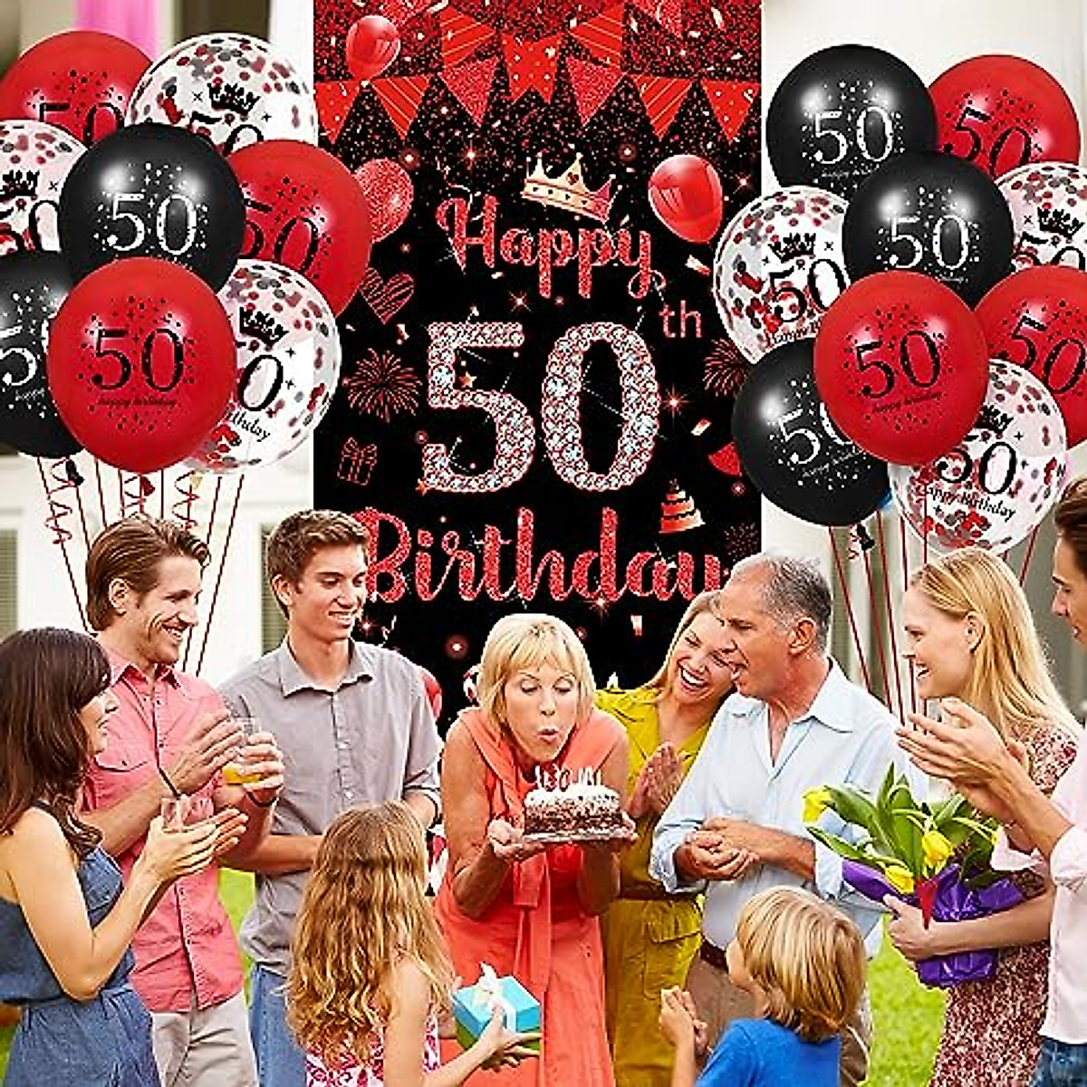 Red 50th Birthday Party Decorations for Women Men Red Black Balloons Banner Supplies Happy 50th Birthday Banner and 18pcs 50th Birthday Balloons Set for 50 Years Old Birthday Anniversary Party Decor