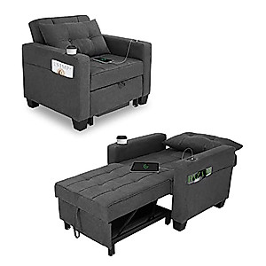 DURASPACE Futon Sofa Bed, 3 in 1 Convertible Sofa Chair Bed, Adjustable Backrest Chair, Chaise Lounge with USB Ports, Cup Holder, Side Pocket, Storage Box for Living Room (Dark Gray Linen)