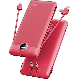 VRURC Portable Charger Built-in Cables and AC Wall Plug, USB C Power Bank 10000mAh, [2023 Upgraded Version] Phone Charger Compact Lightweight External Battery Pack for Smart Phones, Tablets etc-Red