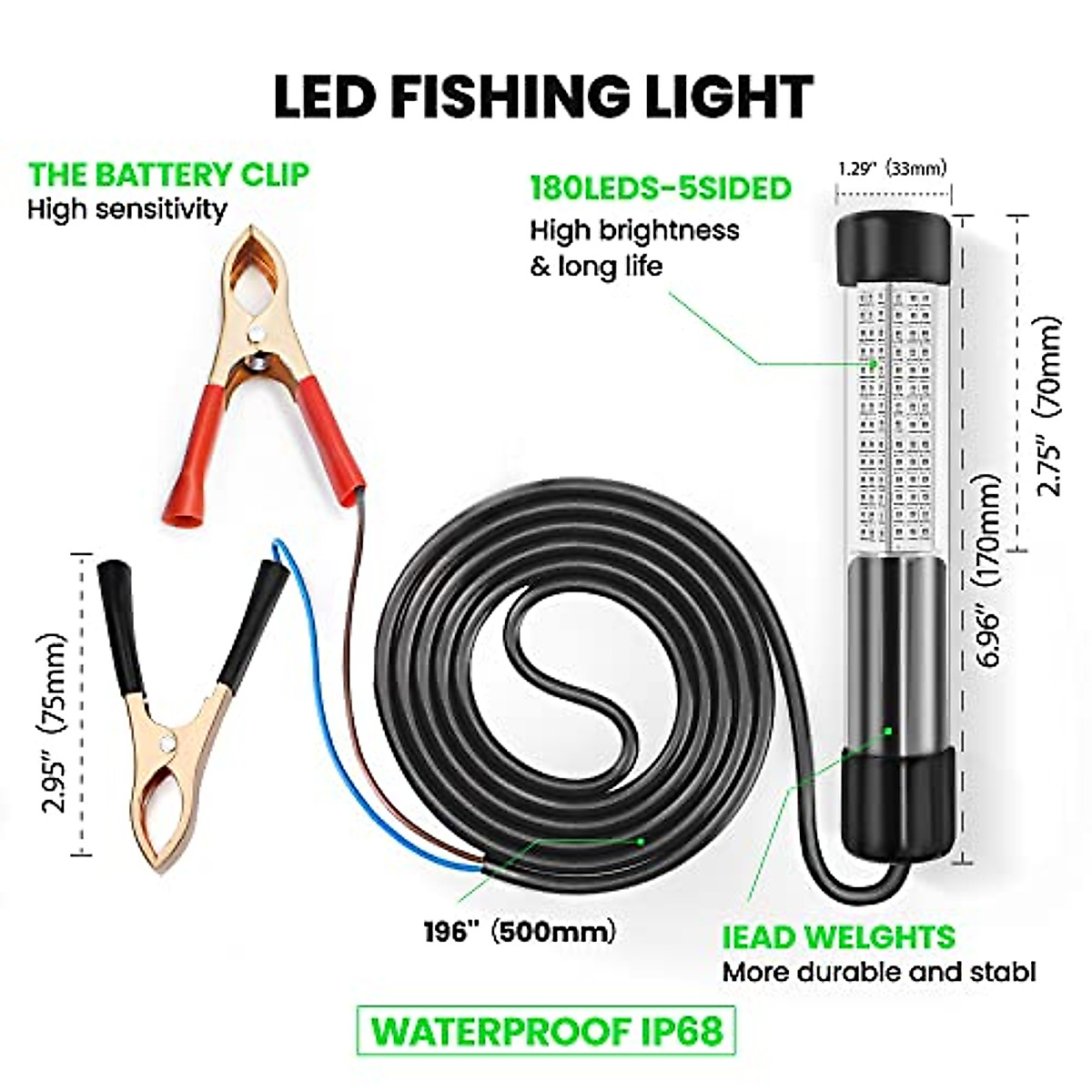 LED Night Fishing Light 12V 108 LEDs 10.8W Underwater Night Fishing Finder Light, 1080LM Green Submersible Fishing Attracting with 5M Power Cord