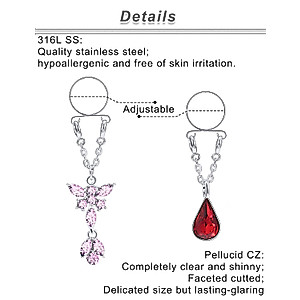Ocptiy Nipple Clamps Piercing Jewelry for Women Men Butterfly Fake Belly Nipple Chain Cute Stainless Surgical Steel Faux Silver Nipple Bar Non-Piercing Clip On Dangle Body Piercing Jewelry for Women