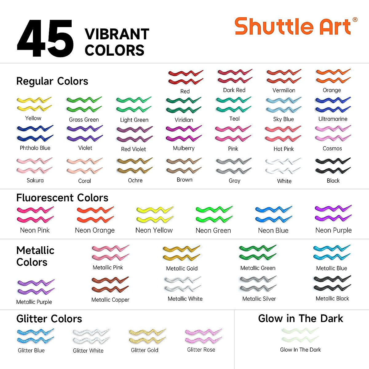 Shuttle Art Fabric Paint Set, 45 Colors 3D Permanent Paint with Brushes Palette Fabric Pen Fabric Sheet Stencils, Glow in The Dark, Glitter,Metallic Colors for Textile Fabric T-Shirt Jeans Glass