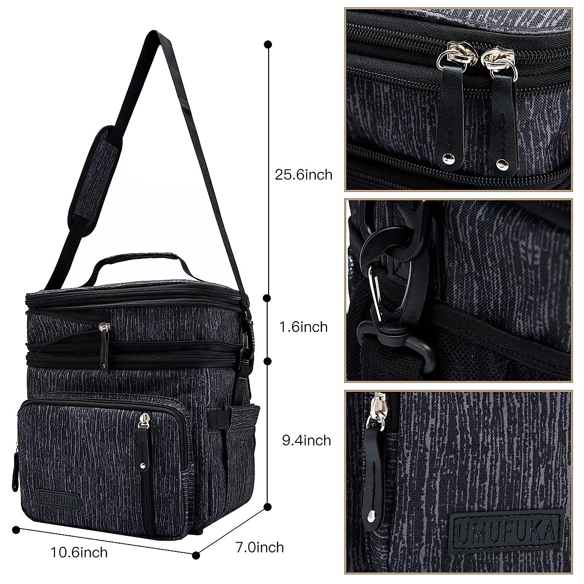 UMUFUKA Men's Double Compartment Lunch Bag, Insulated Lunch Cooler Tote 2 Roomy Large Reusable Water-resistant Lunch Box (Black)