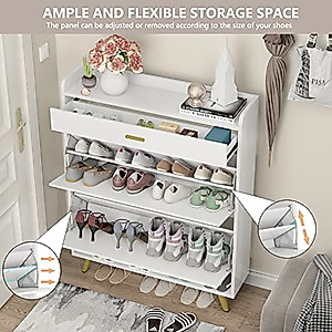 PAKASEPT Narrow Shoe Storage Cabinet,18-24 Pair Free Standing Tipping Bucket Shoe Rack Organizer with Drawers for Entryway,Bedroom,Hallway,White