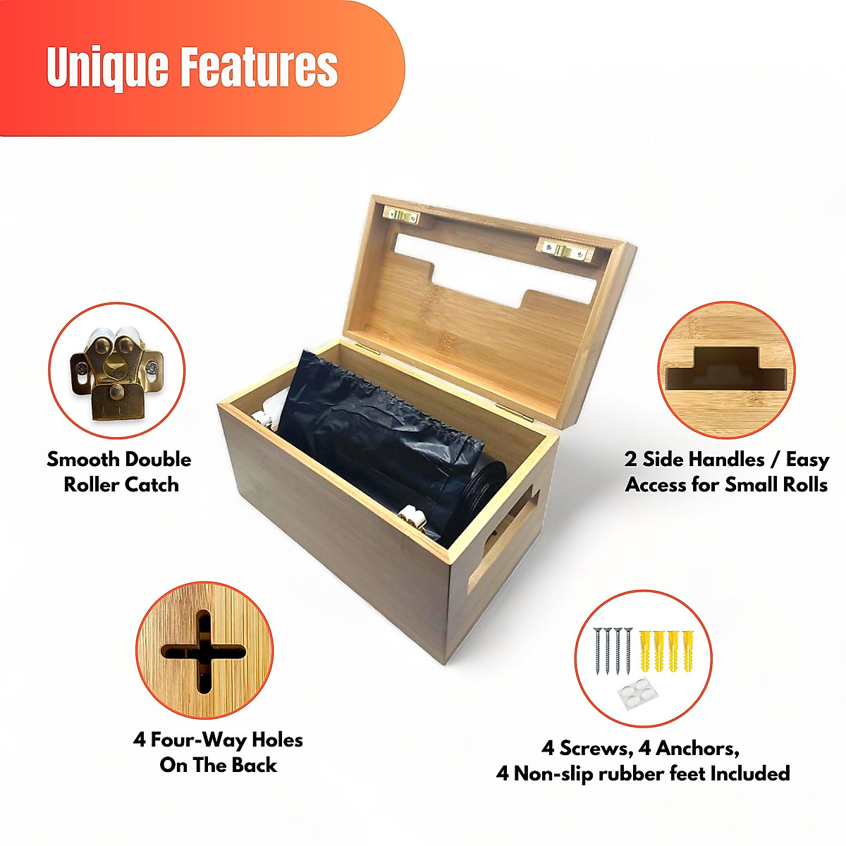 Newtures 33 Gallon Bamboo Grocery Bag Holder, Eco-Friendly, No Assembly Required, Fits 13-33 Gallon Bags, 10x6x6 Inches