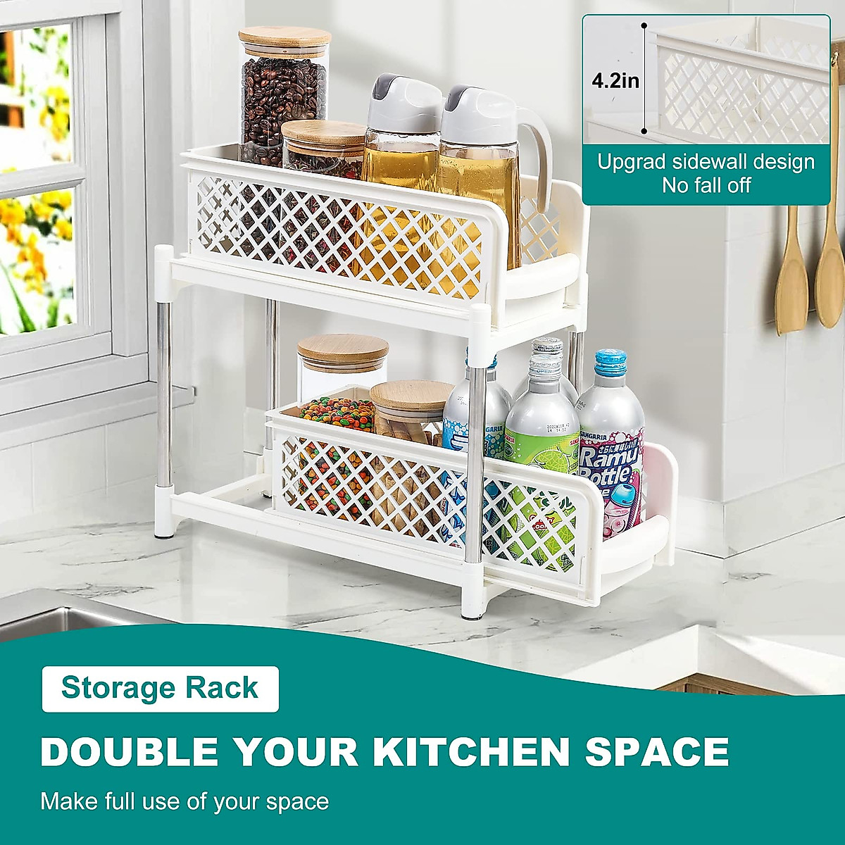 hoyiolad Under Sink Organizers and Storage,2 Tier Easy Access Sliding Drawer Bathroom Organizer,Multi-purpose Under Sink Organizer,Bathroom Counter Organizer,Kitchen Organization and Storage,White