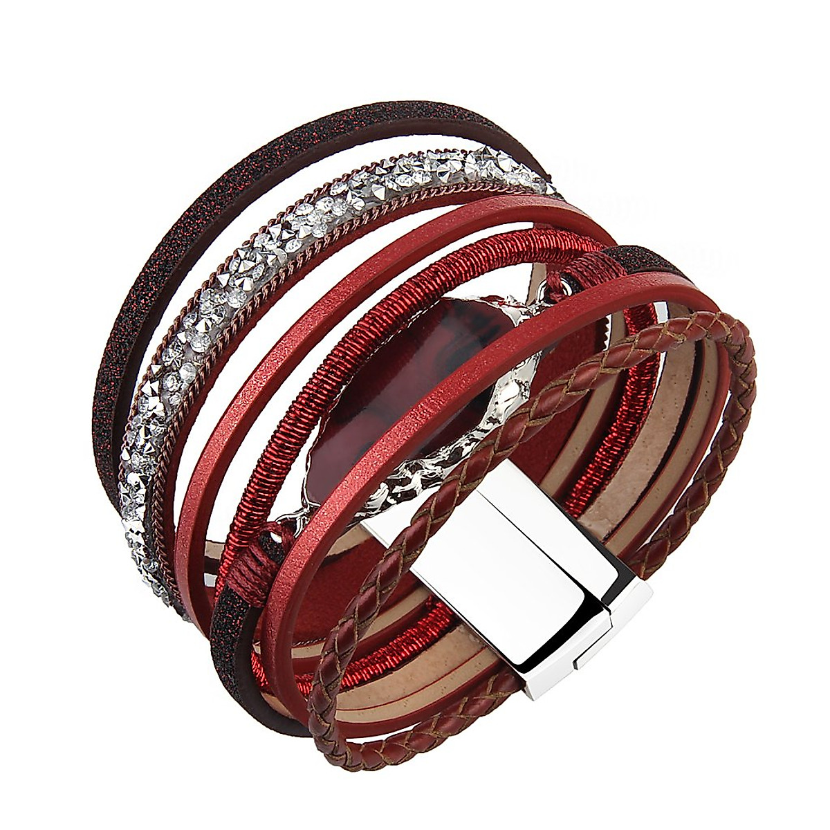 COOLLA Braided Wrap Bracelet Agate Stone Crystal Leather Cuff Bangle Women Bracelet (Red leather bracelet)