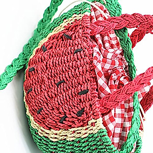 QTKJ Mini Semi-circle Rattan Straw Handbags, Hand-woven Women Summer Retro Straw Tote Bag Watermelon Design Shoulder Bag Crossbody Bag Round Handle