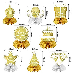 Gold White Happy Birthday Decorations Table Centerpieces for Women Men, 8Pcs White Gold Birthday Honeycomb Centerpieces Party Supplies, 10th 16th 21st 30th 40th 50th 60th Bday Table Toppers Sign Decor