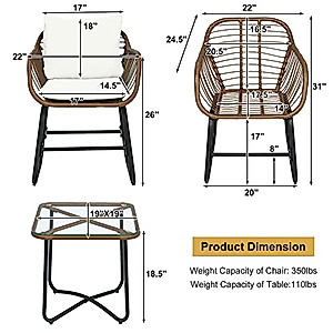 OBIOZZ Patio Furniture Set 3PCS Patio Rattan Bistro Set Cushioned Chair Glass Table Deck White Patio Set, Ideal for Your Backyard, Balcony, Garden for Backyard Porch