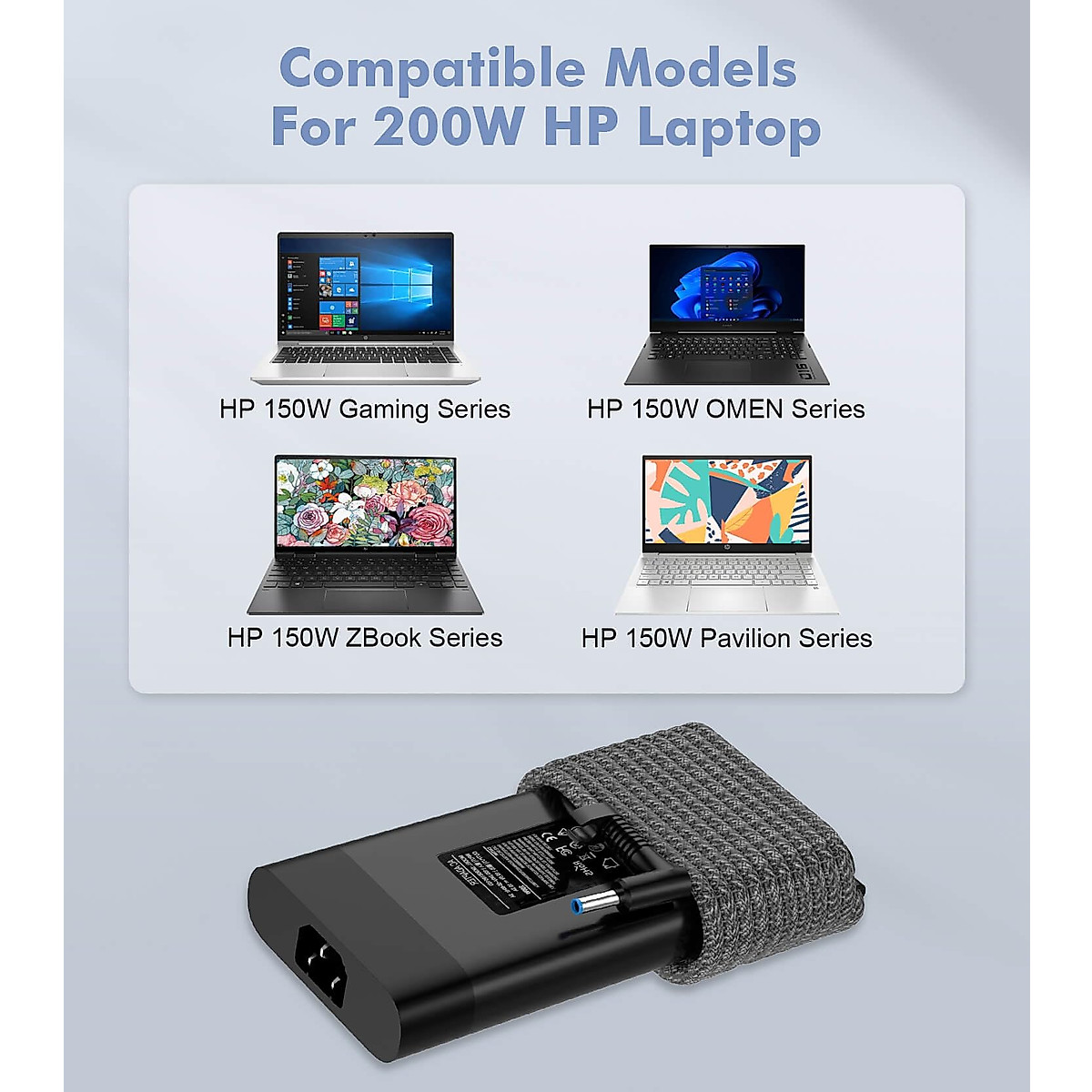 200W-Charger-HP-Omen-Charger - Laptop Power Adapter for Pavilion Gaming, Victus 15 16, ZBook Studio 15 17 G3 G4 G5,Spectre X360 16-f2097nr 15-eb0065nr, Envy 15-ep0098nr 16-h0787nr 16-h0747nr Blue Tip