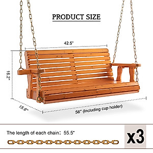 Porch Wooden Swings with Chain - Outdoor Finished Hanging Bench Swing Chair Furniture 2 Seater, Natural for Garden, Courtyard, Patio